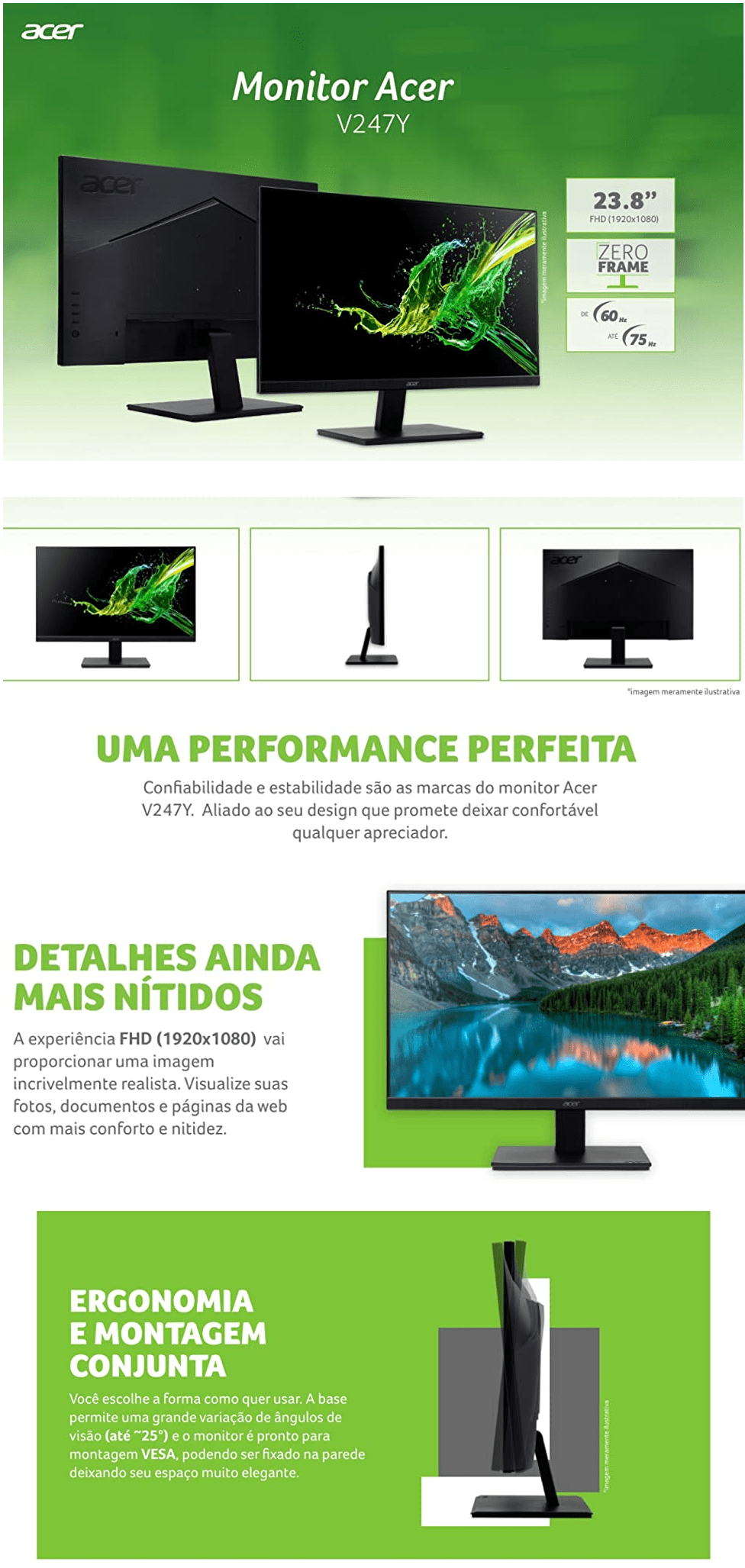 MONITOR ACER 23.8 LED FHD VA V247Y ABI / HDMI / 75HZ UM.QV7AA.A07 ...